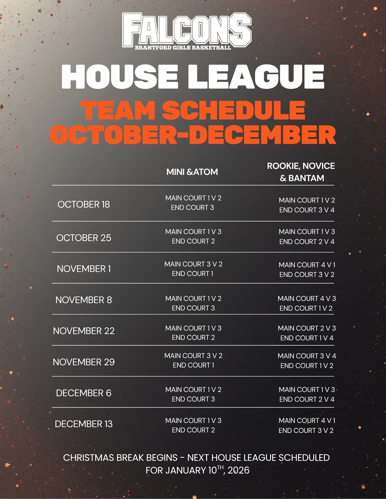 House League Game Schedule Oct to Dec 2025 - Brantford CYO Girls